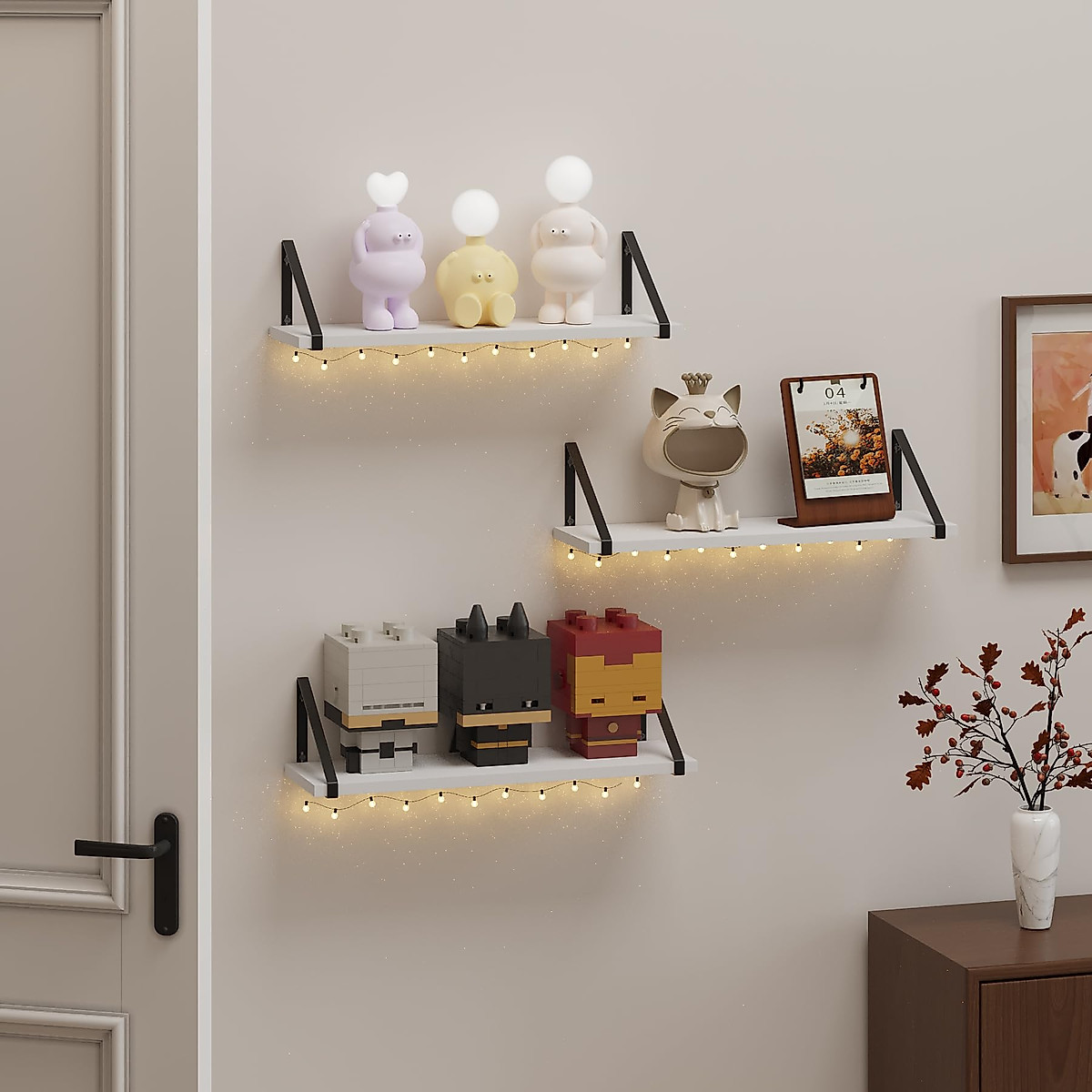 BAMEOS Floating Shelves Rustic Wood Wall Shelf Set of 3, Bookshelf Bathroom Shelf for Living Room, Office, and Bedroom (White)