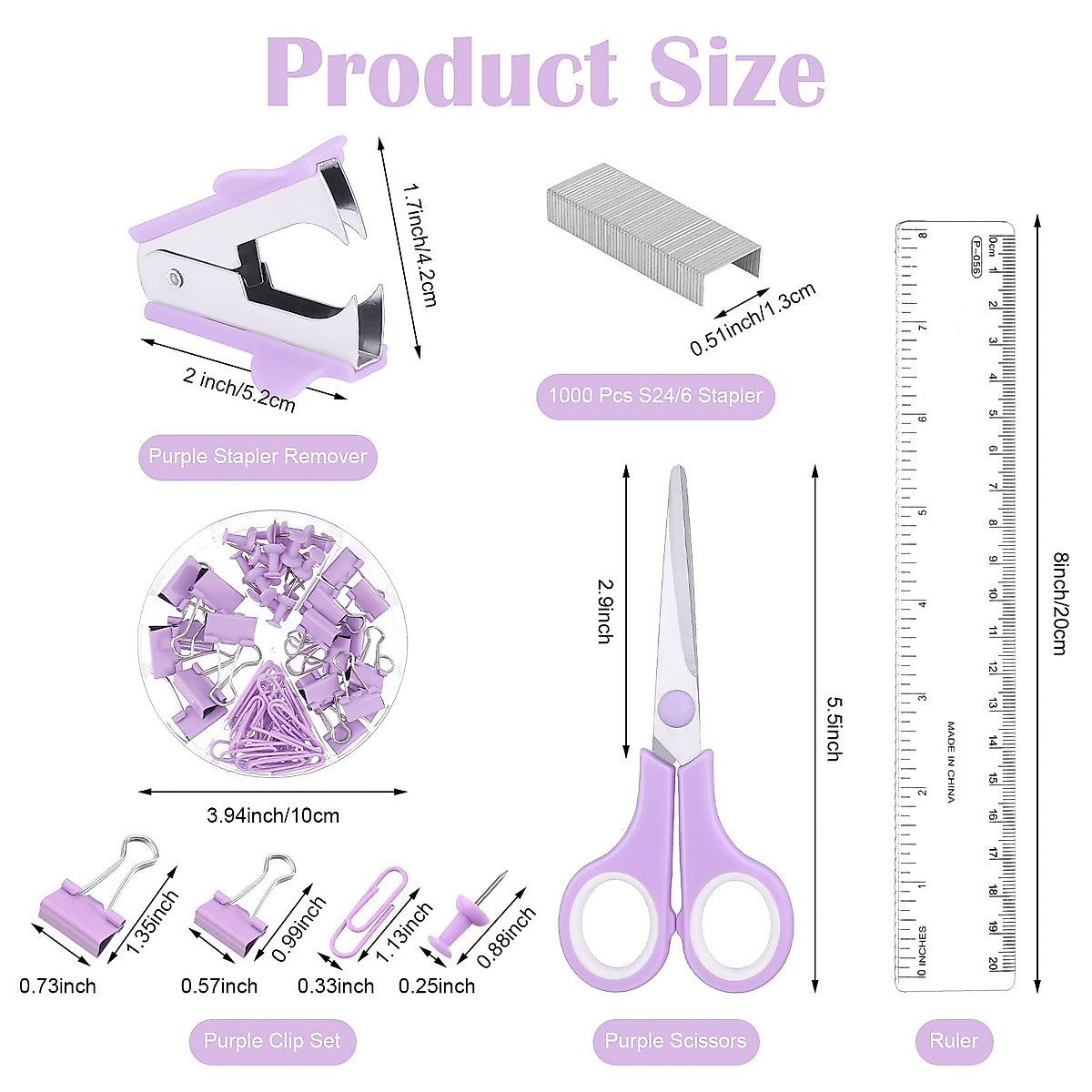 Purple Mesh Desk Organizer and Accessories, Purple Gift Purple Office Supplies 7 Compartments Desk Organizer with Stapler,Tape Dispenser,1000 Staples,Pen Holder,Staple Remover,Clips,Ruler,Scissors