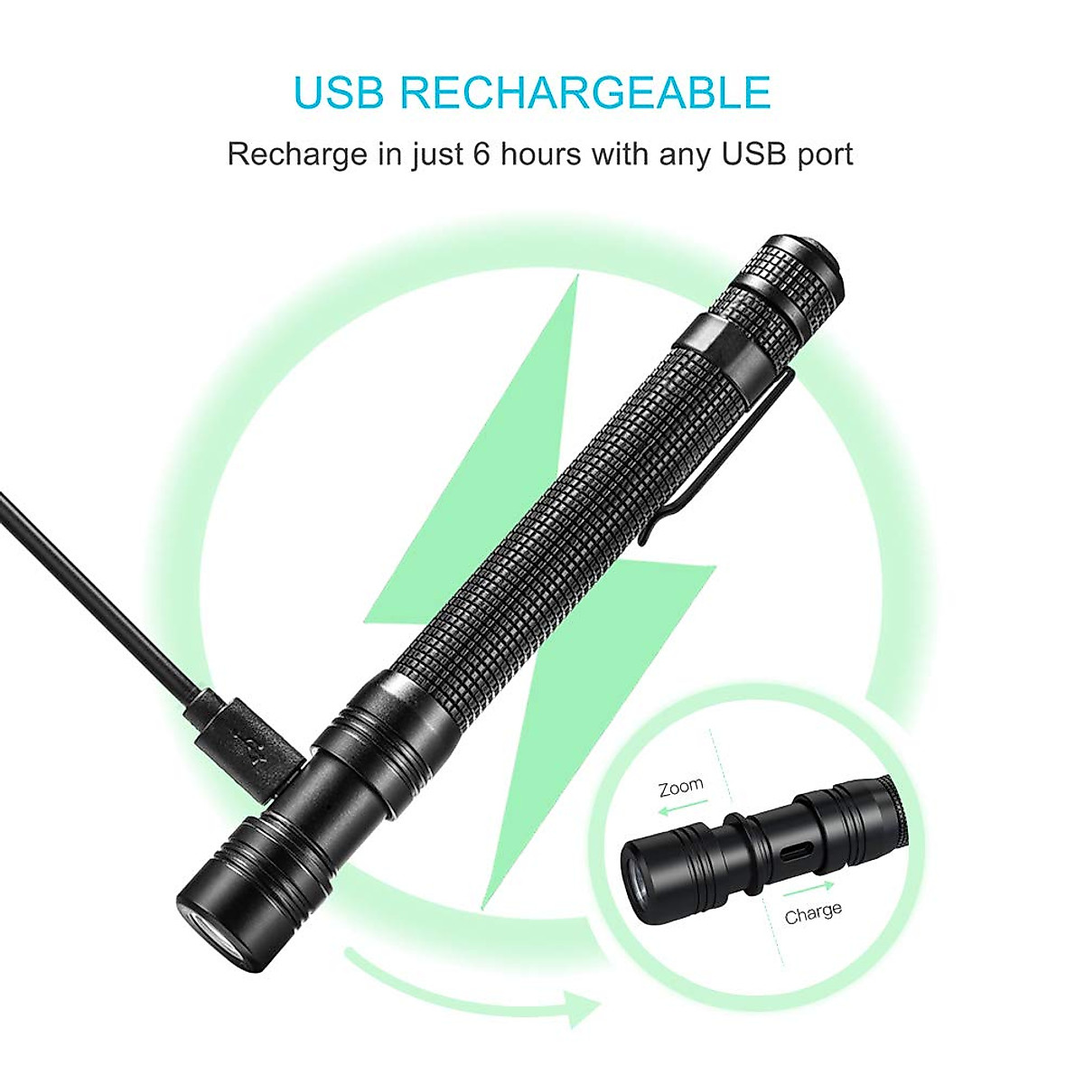 infray LED Rechargeable Pen Flashlight, Pocket-Sized Penlight with Super Bright CREE LED, Adjustable Focus, IPX5 Water-Resistant, NiMH Battery Included, 2 Modes (High/Low)