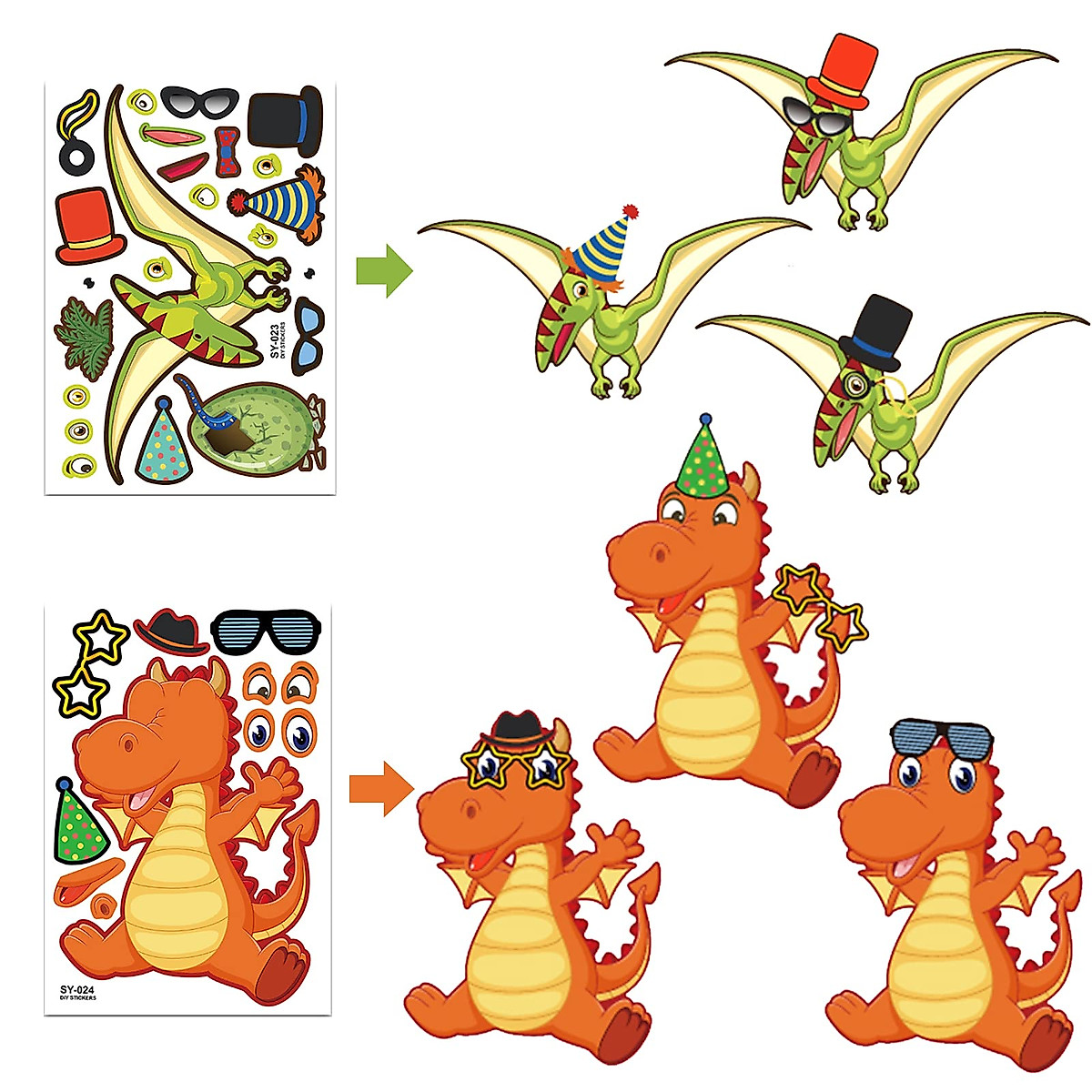Dinosaur Stickers,Make Your Own Dinosaur Stickers,Make A Dinosaur Stickers DIY Stickers Dinosaur Party Sticker Craft Game,Dino Theme Birthday Party Favors for Kids (24 Sheets) (Make-A-Dinosaur Stickers)