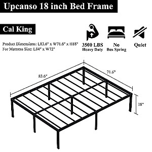 Upcanso 18 Inch California King Bed Frames No Box Spring Need, Platform Cal King Bed Frame with High Storage, Eassy Assembly 3,500 lbs Heavy Duty Bedframes, Black