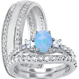 LaRaso & Co His Hers Sterling Silver TRIO Wedding Set Blue Opal White Topaz Gemstone Bridal Rings Him Her 9/9