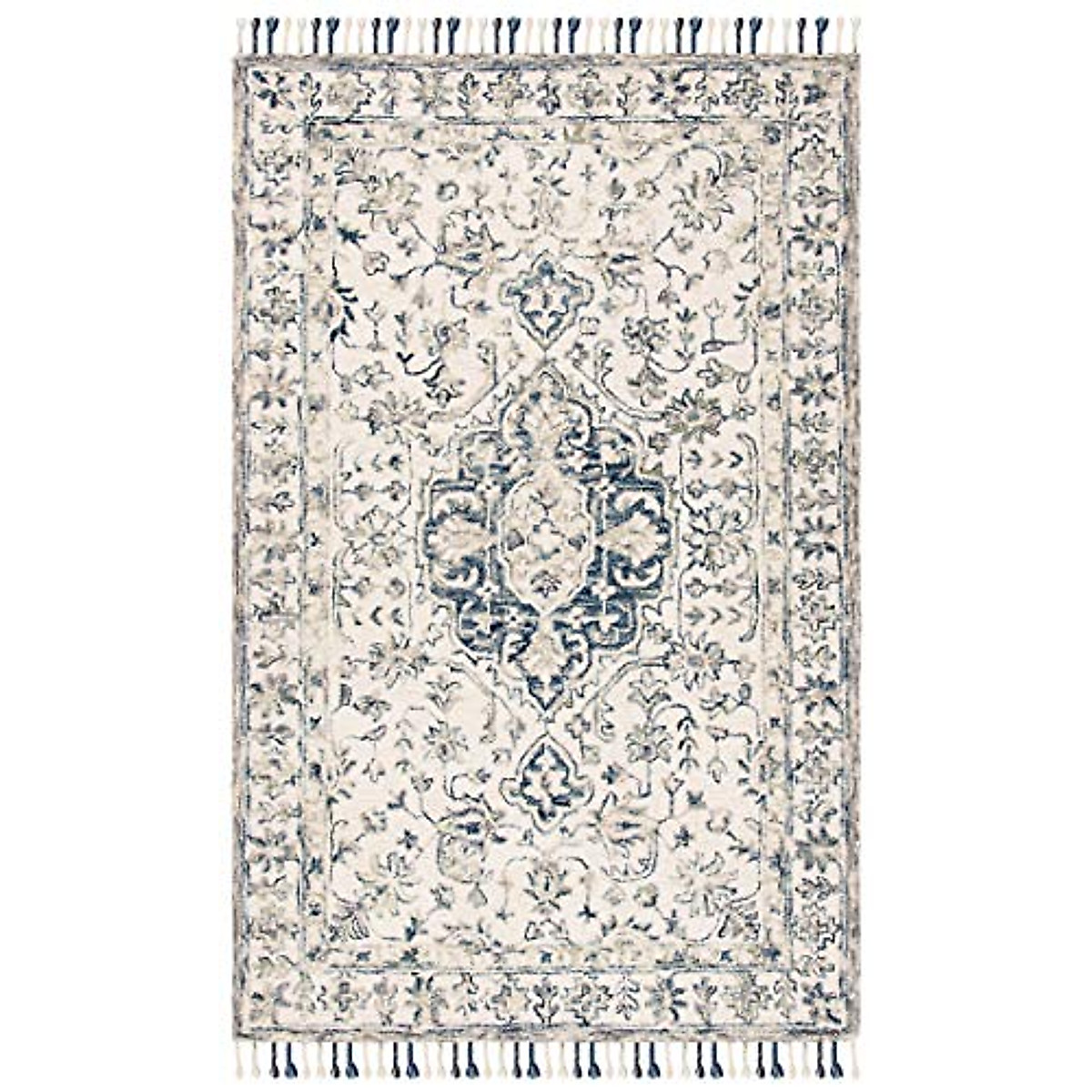 SAFAVIEH Aspen Collection Accent Rug - 4' x 6', Ivory & Blue, Handmade Boho Braided Tassel Wool, Ideal for High Traffic Areas in Entryway, Living Room, Bedroom (APN125A)