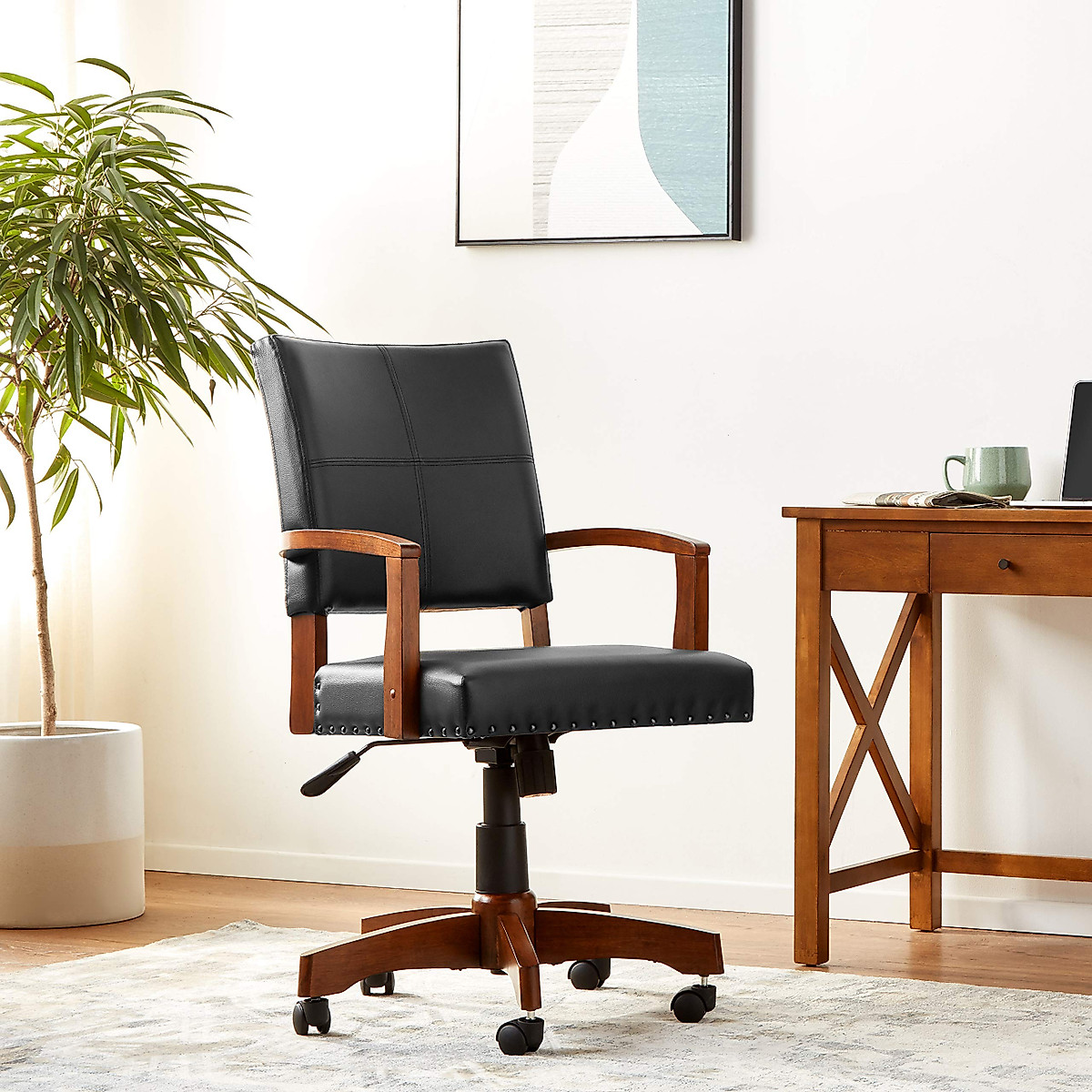 OSP Home Furnishings Deluxe Wood Banker's Chair with Antique Bronze Nailheads and Medium Brown Wood, Black Faux Leather