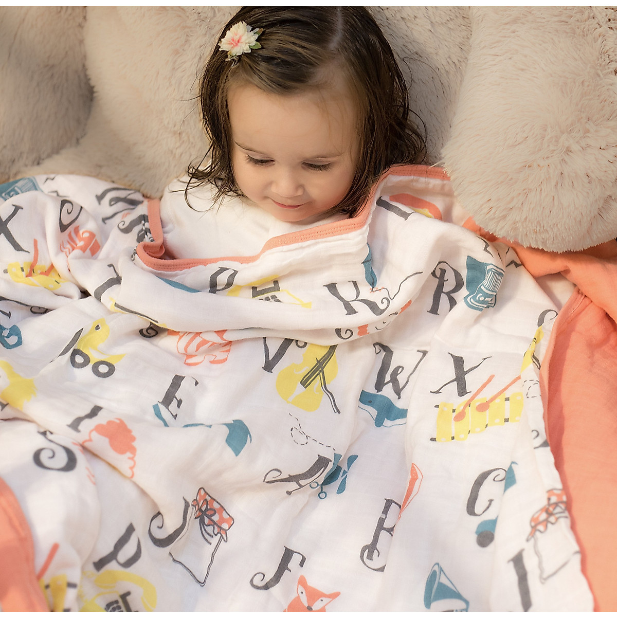 Clover & Sage Organic Muslin Baby Toddler Blanket - 100% Hypoallergenic Cotton Bed Blankets - Alphabet