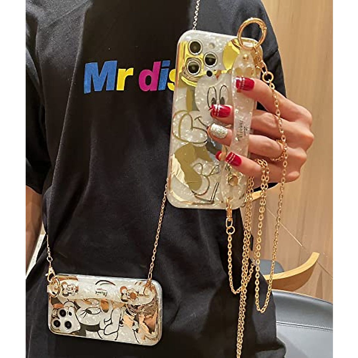 Filaco Cartoon Case for iPhone 12 Pro Max 6.7", Cute Golden Minnie Sparkle Bling Cover with Metal Chain Strap, Wrist Strap Kickstand Soft TPU Shockproof Protective for Women & Girls