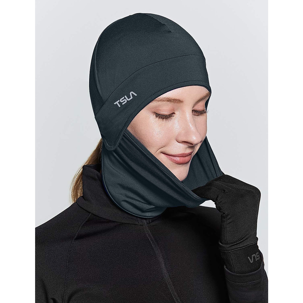 TSLA Men and Women Thermal Fleece Skull Cap, Winter Ski Cycling Under Helmet Liner, Running Beanie Hat, Skull Cap with Mask Charcoal, One Size