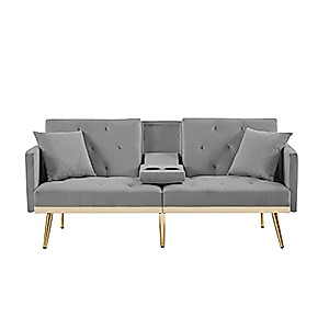 HoRunzelin Soft Velvet Sleeper Sofa Bed with Cup Holder and 2 Pillows for Living Room,Luxury Loveseat Couch Can Put Down The Back,Grey