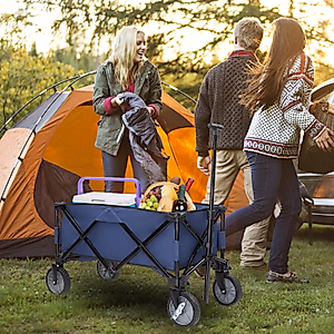 VINGLI Portable Collapsible Utility Wagon,Sturdy Outdoor Folding Garden Sports Shopping Cart, Wagon Wheel Cart, Steel Frame for Beach Park Camping Patio Compact Wheels, Blue