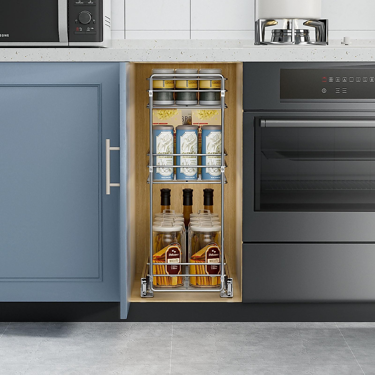 ROOMTEC Pull Out Spice Rack for Narrow Cabinet (5½" W X 21" D),3 Tier Slide Out Cabinet Organizer and Pull Out Shelves Under Cabinet Storage for Kitchen, Chrome