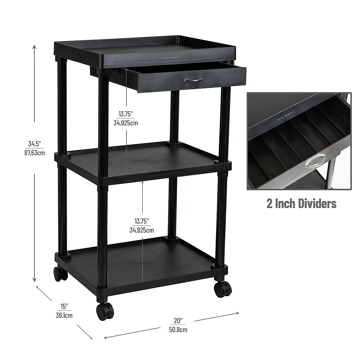 Mind Reader All Purpose Rolling Cart, Printer Cart, Utility Cart, Kitchen Cart, Coffee Cart, Microwave Cart, Bathroom Cart, 3 Tier, Black with Free Condiment Organizer