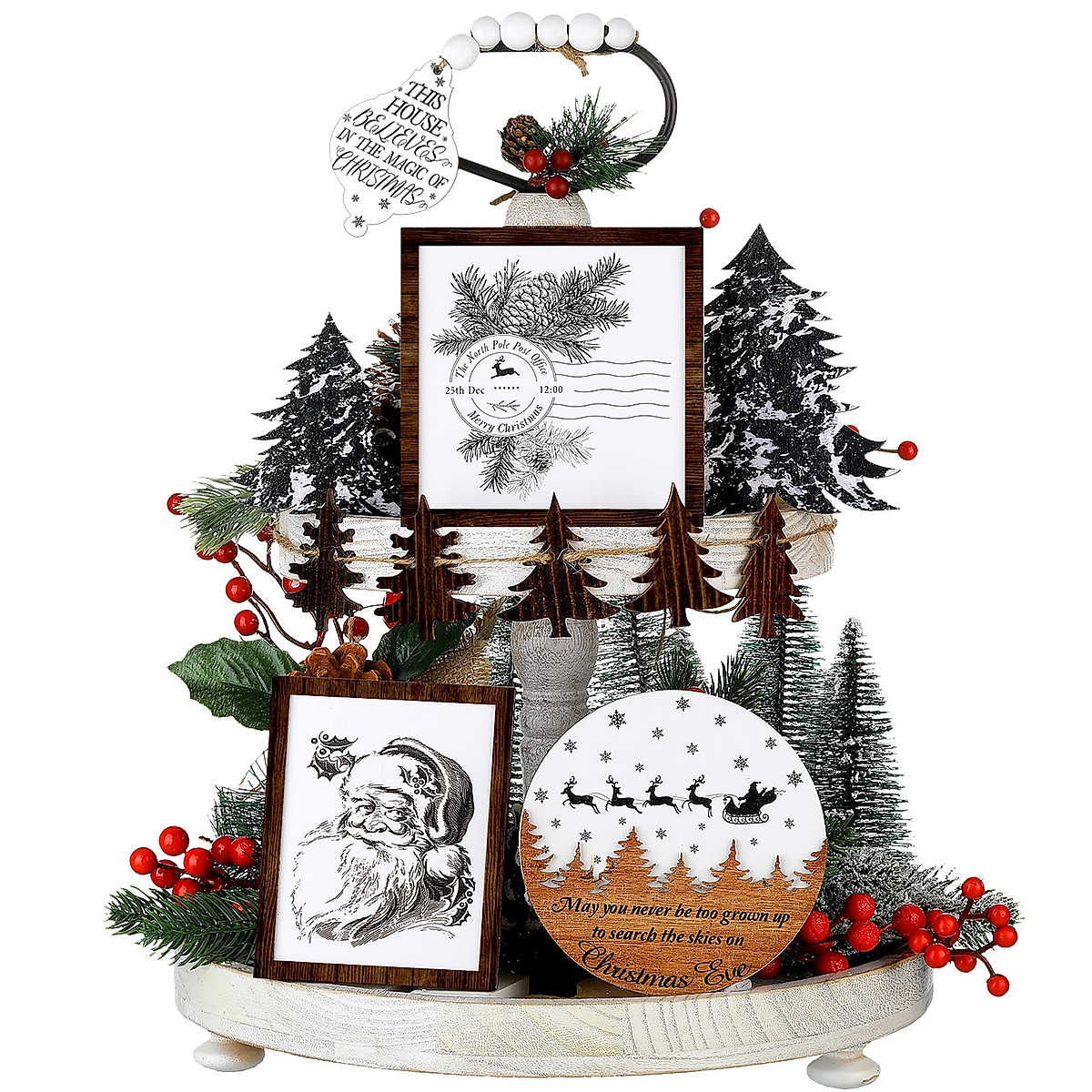 11 Pcs Christmas Tiered Tray Decor Set Wood Christmas Table Decor Farmhouse Trees Santa Claus Reindeer Pine Cone Wooden Tabletop Signs for Xmas Home Party
