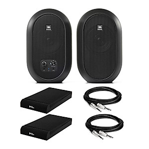 JBL 104-BT Compact Desktop Reference Bluetooth Monitors (Pair) Bundle with Isolation Pads and Hosa HSS-005 1/4-Inch TRS Cables (4 Items)
