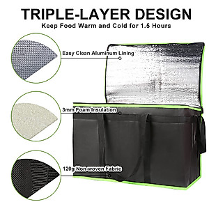 CIVJET 1-Pack Insulated Food Delivery Bag, XXX-Large Commercial Food Warmer for Uber Eats/Doordash, Insulated Reusable Grocery Cooler/Hot Bags, Tote Bag for Shopping/Travel, Black with Green Edge