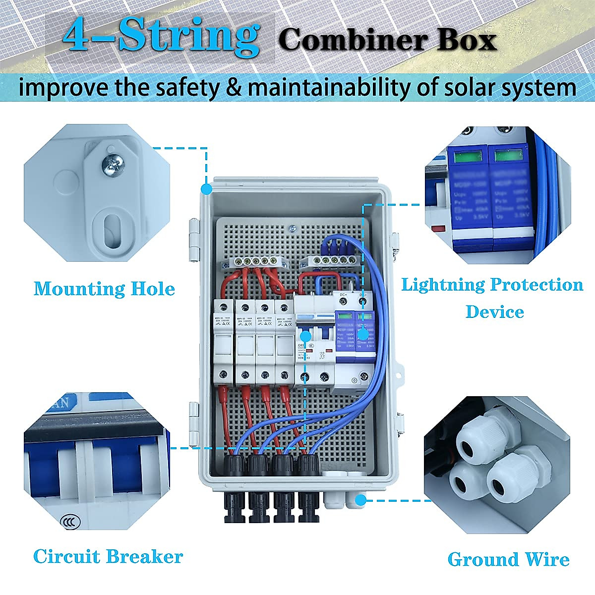 4 String PV Combiner Box with Lightning Arreste, 15A Rated Current Fuse and Circuit Breakers for On/Off Grid Solar Panel System