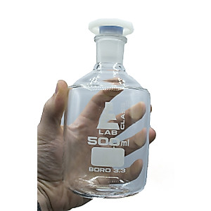 EISCO 500mL (16.9oz) Glass Reagent Bottle with Acid Proof Polypropylene Stopper, Borosilicate 3.3 Glass Labs