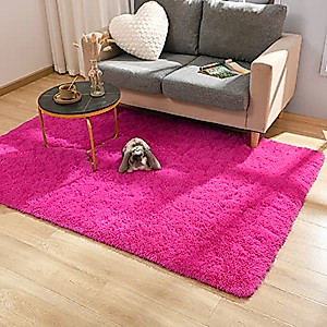 Rtizon Super Soft Fluffy Bedroom Rug, 5.3x7.6 Feet Shag Rug with Non-Slip Bottom for Bedside Living Room Dorm Nursery, Fuzzy Furry Shaggy Area Rug for Indoor Kids Baby Home Decor, Hot Pink