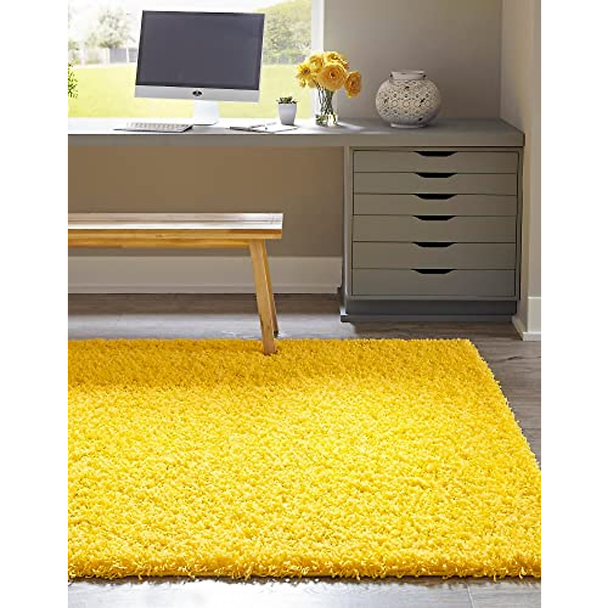 Rugs.com - Über Cozy Solid Shag Collection Rug – 8' x 10' Tuscan Sun Yellow Shag Rug Perfect for Living Rooms, Large Dining Rooms, Open Floorplans