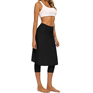 Micosuza Long Swim Skirt with Attached Leggings Modest Sun Protection Sports Skirt for Women Black