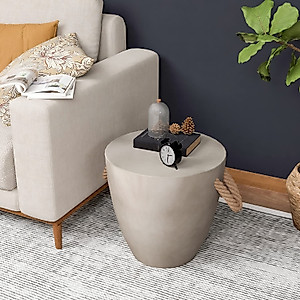 HOMPUS Concrete Outdoor Side Table Drum Accent Light Gray Modern End Table, Round Coffee Table with Rope Handle Garden Stool Decor for Garden, Indoor, Living Room