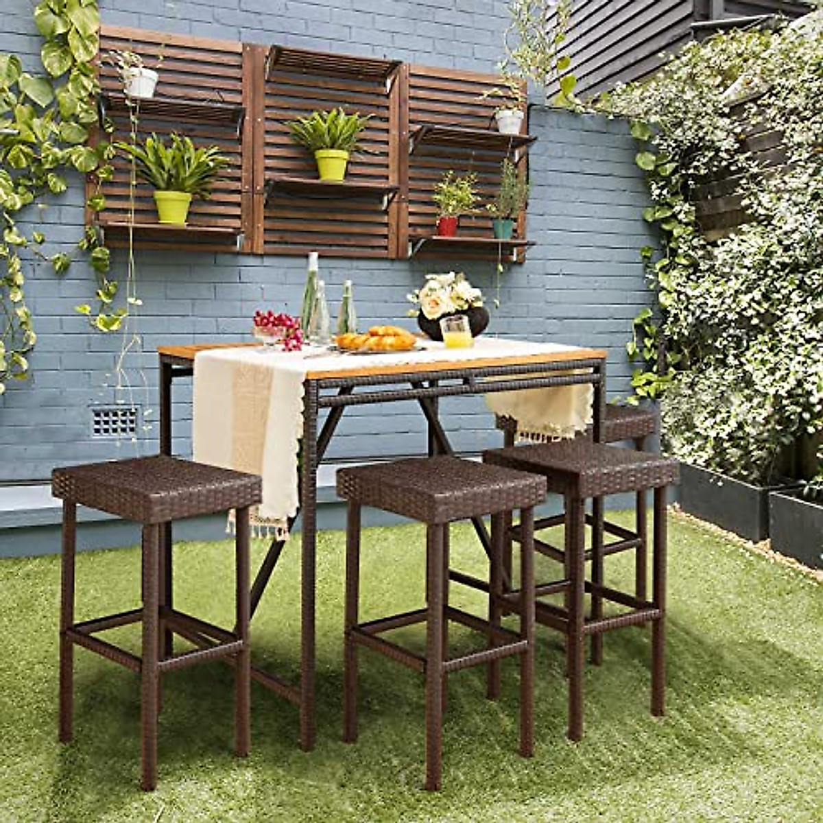 Tangkula Outdoor Bar Stool Set of 2, Patio Rattan Bar Chairs W/Galvanized Steel Frame, Anti-Slip Footpads & Cozy Footrests, Bar Height Chairs for Poolside, Outdoor Bar, Backyard (1, Mix Brown)