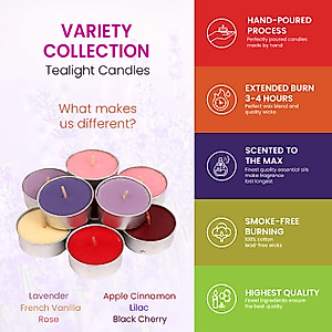 Scented Tealight Candles 90-Pack Bulk Variety Pack | Small Votives for Home & Weddings | Long Lasting Smokeless & Dripless | 6 Fragrances - Lavender, Vanilla, Rose, Apple Cinnamon, Lilac, Black Cherry
