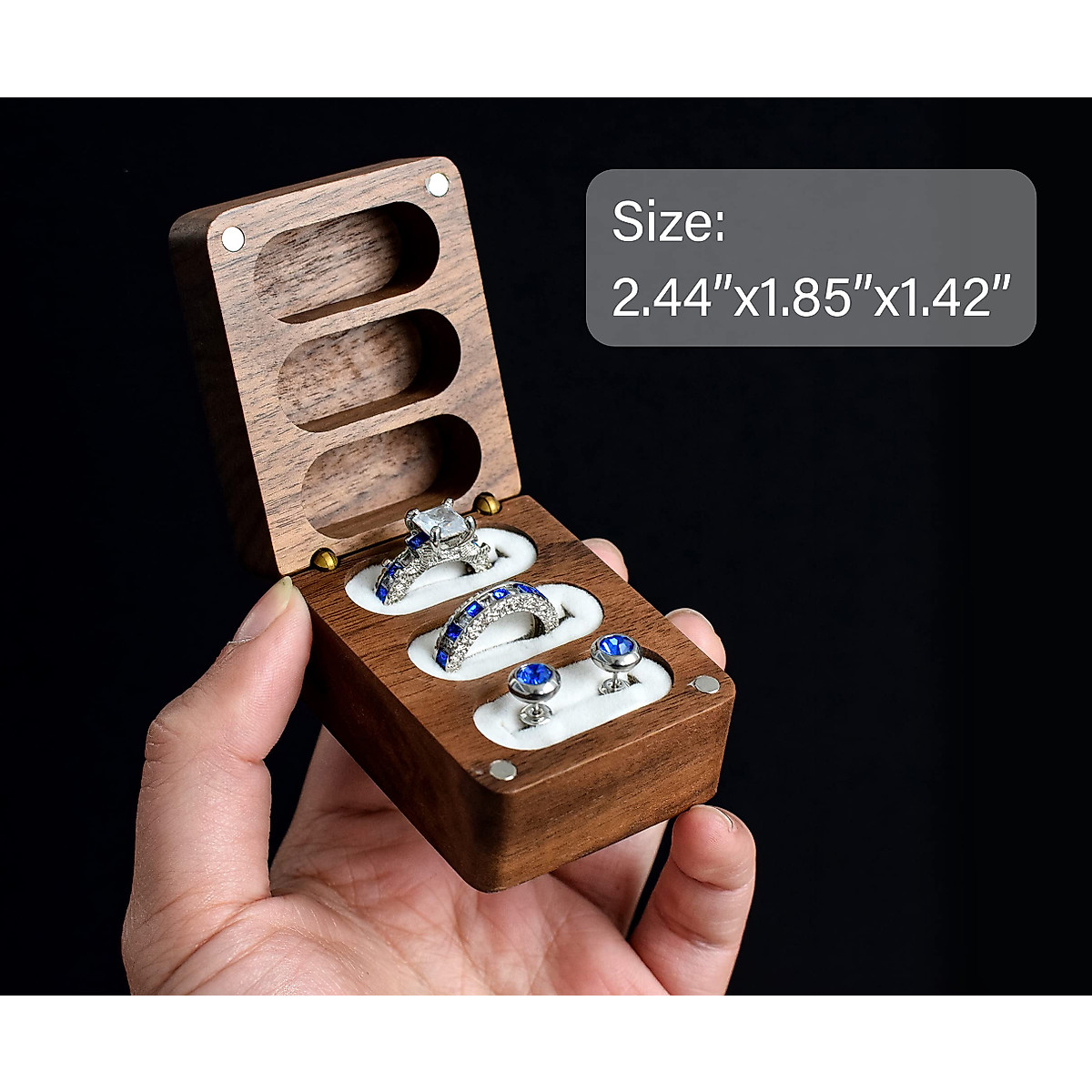 Personalized Solid Wood Ring Box for Wedding Ceremony, Rectangular Box for Ring Storage 3 Slots, Custom Engagement Ceremony Ring Box, Walnut Wooden Heirloom Ring Box Holder
