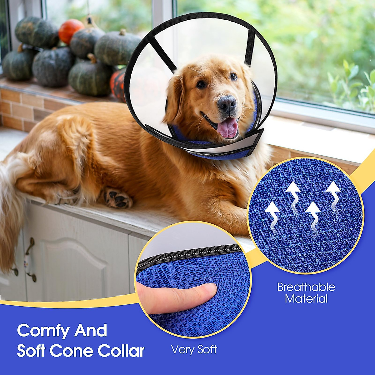 ASENKU Adjustable Dog Cone Collar, Comfortable Cone for Dogs After Surgery, Soft Dog Cone, Protective Pet Recovery Collar for Large Medium Small Dogs, Elizabethan Collar Dog Blue, M