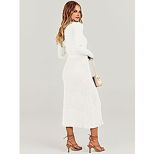 ANRABESS Sweater Dresses for Women 2023 Fall Long Sleeve Ribbed Knit V Neck Tight Tie Waist Cute Comfy Holiday Warm Winter Midi Bodycon Dress with Belt 994mibai-M White
