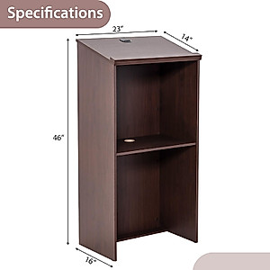 Tangkula Floor Standing Podium, Wooden Speaking Lectern Hostess Stand with 2-Tier Shelves & Dual Cable Holes, Standing Lectern Desk for Meeting Room, School, Churches, Auditorium, Classroom