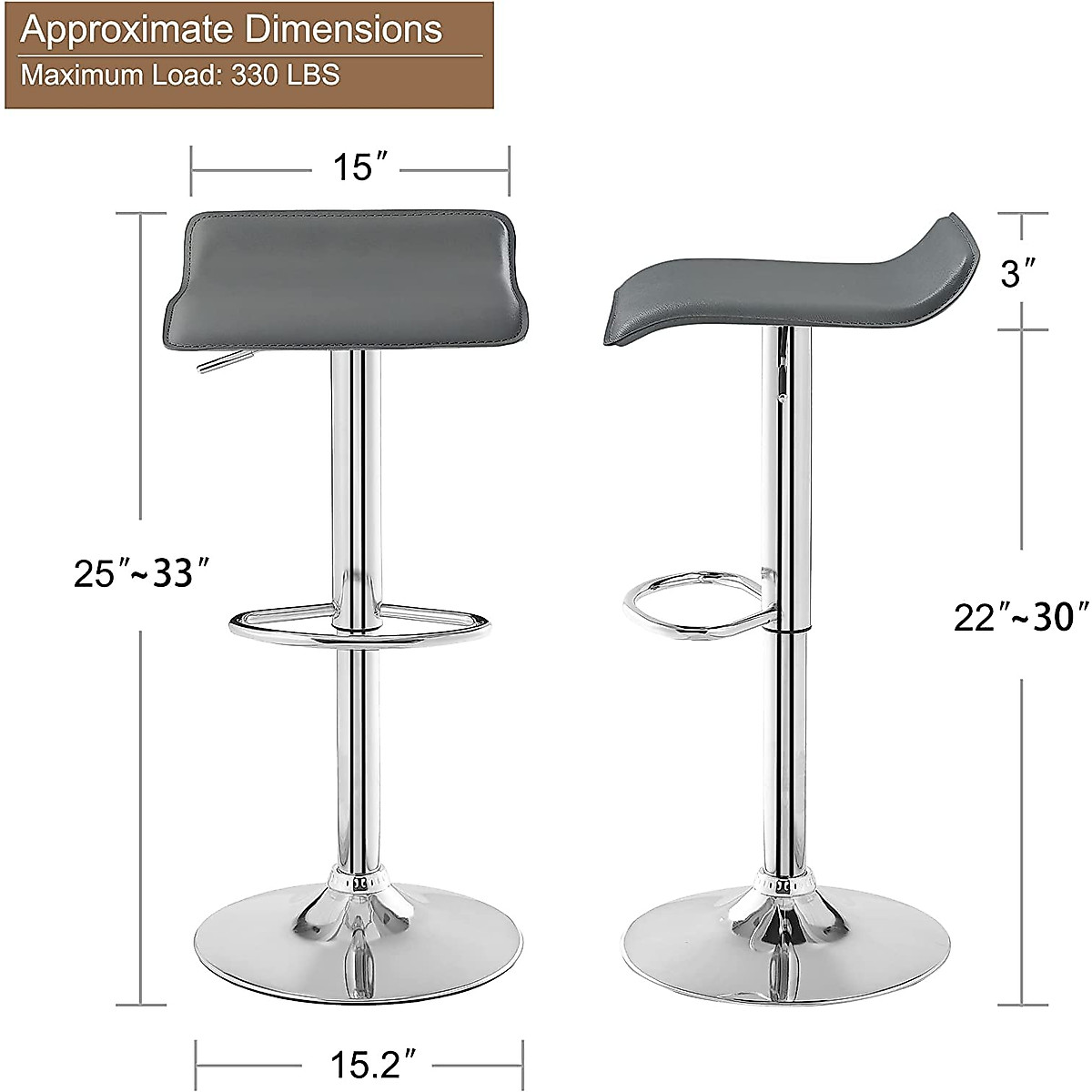 VECELO Bar Stools Set of 2, Swivel Bar Chairs, Counter Bar Stools with Height-Adjustable, Modern Armless PVC Stools for Kitchen/Island/Bar/Dining Room/Party, Dark Grey