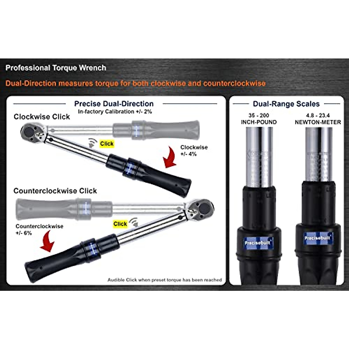 Precisebuilt 3/8" Drive 35-200 in-lb (4.8-23.4 Nm) Dual-Direction Click Professional Torque Wrench