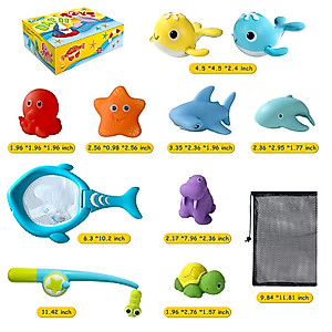 Bath Toys Fishing Game - Wind up Swimming Whales Bathtub Pool Water Table Toys with Fishing Pole Shark Net Floating Squirt Water Toys Gifts for Kids Boys Girls Toddlers Age 3 4 5 6 7 8+
