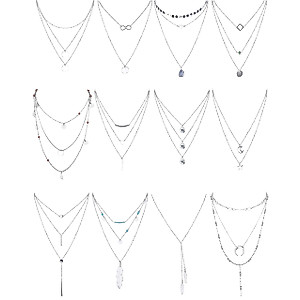 FINREZIO 12 PCS Gold Plated Layered Necklace for Women Sexy Long Choker Chain Y Necklace Bar Feather Pendent Necklace Sets Silver Tone