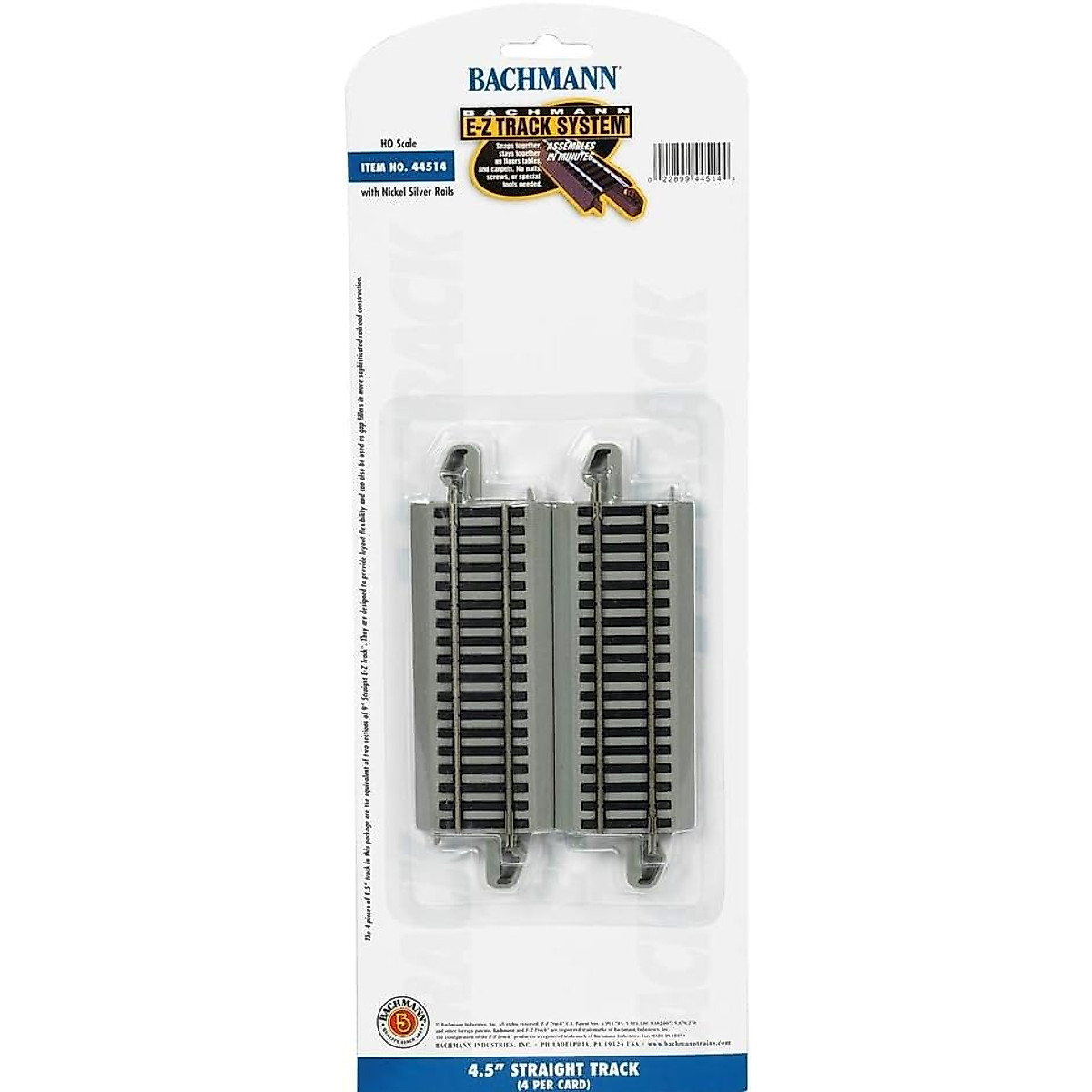 Bachmann Trains - Snap-Fit E-Z TRACK 4.50” STRAIGHT TRACK (4/card) - NICKEL SILVER Rail With Gray Roadbed - HO Scale