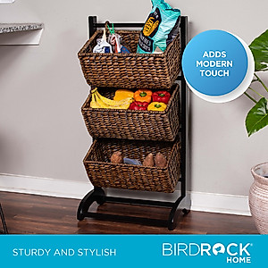BIRDROCK HOME 3-Tier Abaca Storage Organizer Shelf with Solid Wood Frame - Durable Handwoven Abaca Fiber Baskets - Ideal for Organizing Living Rooms, Bedrooms, or Kitchens - Brown Wash, Espresso