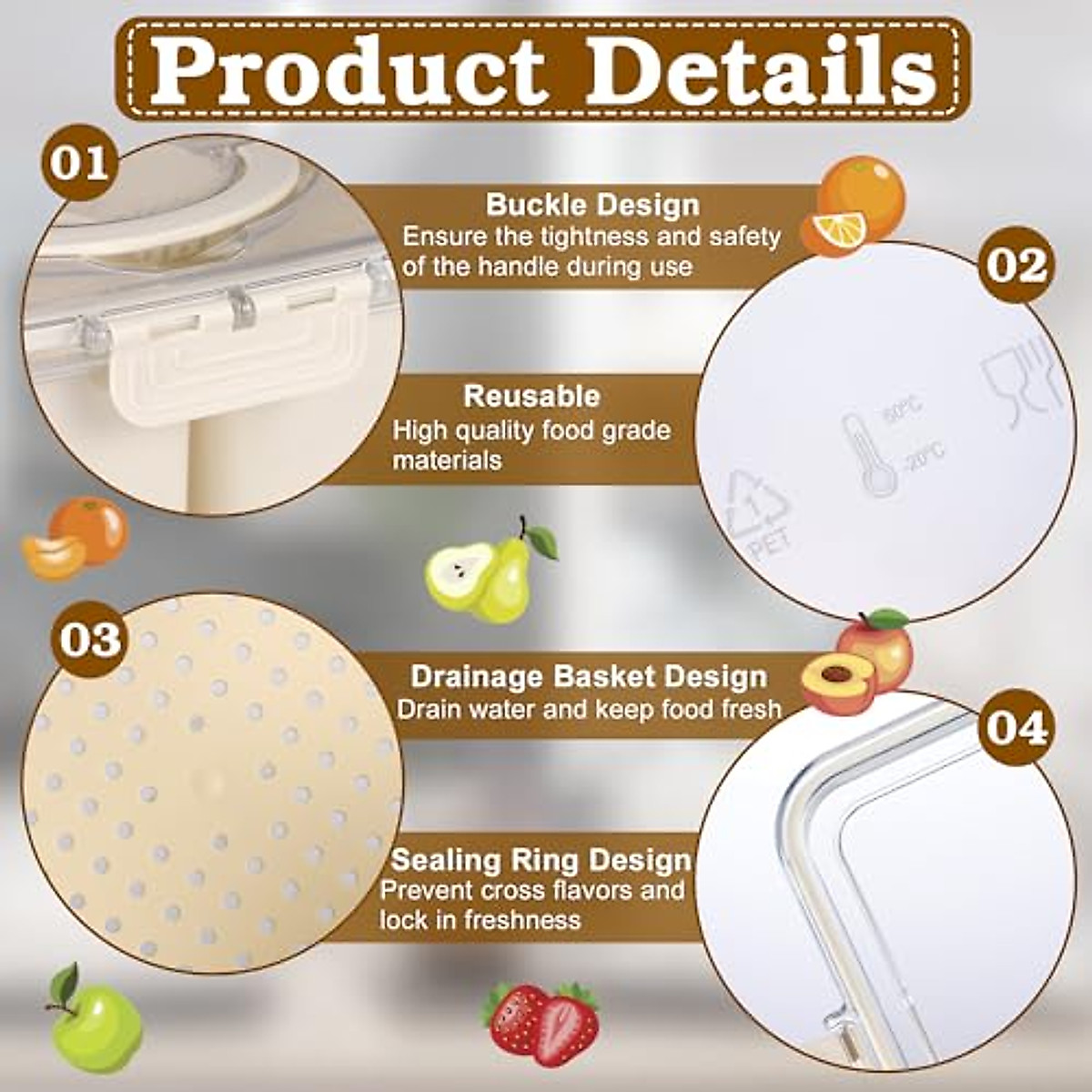 PYQTH Fruit Storage Containers for Fridge, Portable Divided Food Storage Containers with Lid and Handle, BPA-Free Saver Refrigerator Food Organizer Bins with 1 Brush for Veggies Fruit, 4 Compartments