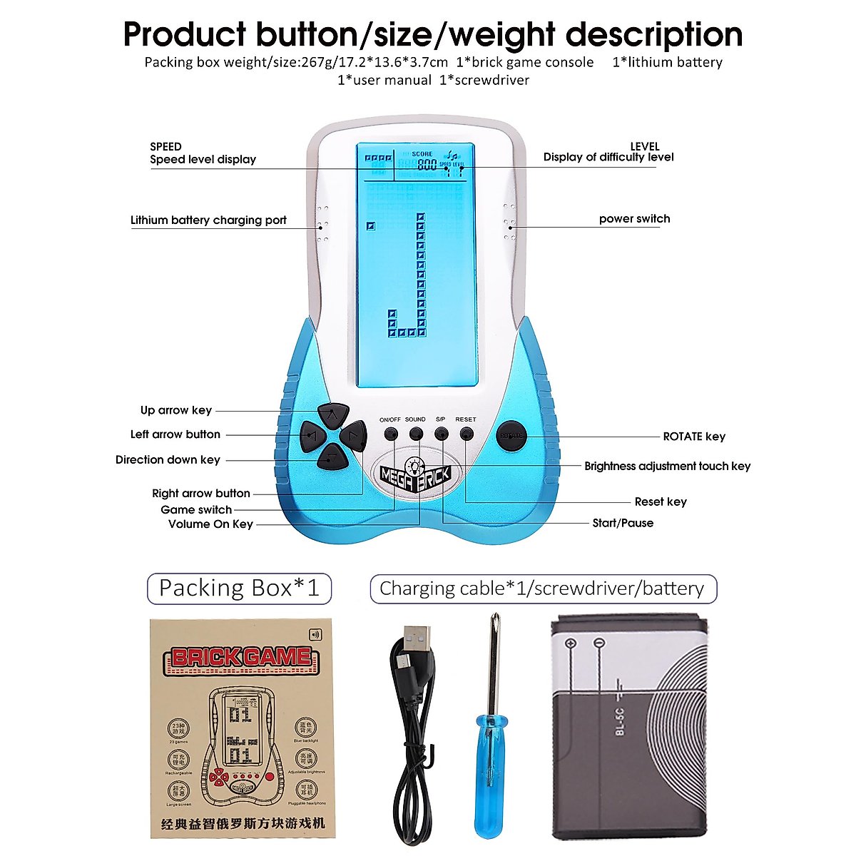 HLF New Retro Block Brick Game Console Large Screen Blue Backlight Brightness can be Adjusted Build in 23 Game Compatible with Lithium Battery/AAA Batteries can Plug in Headphone (Blue)
