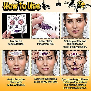 Amaxiu Day of the Dead Face Temporary Tattoos, 10 Sheets Halloween Floral Sugar Skull Temporary Face Tattoos Stickers Makeup Kit on Cheek Eye Forehead Nose Mouth for Halloween Masquerade Party