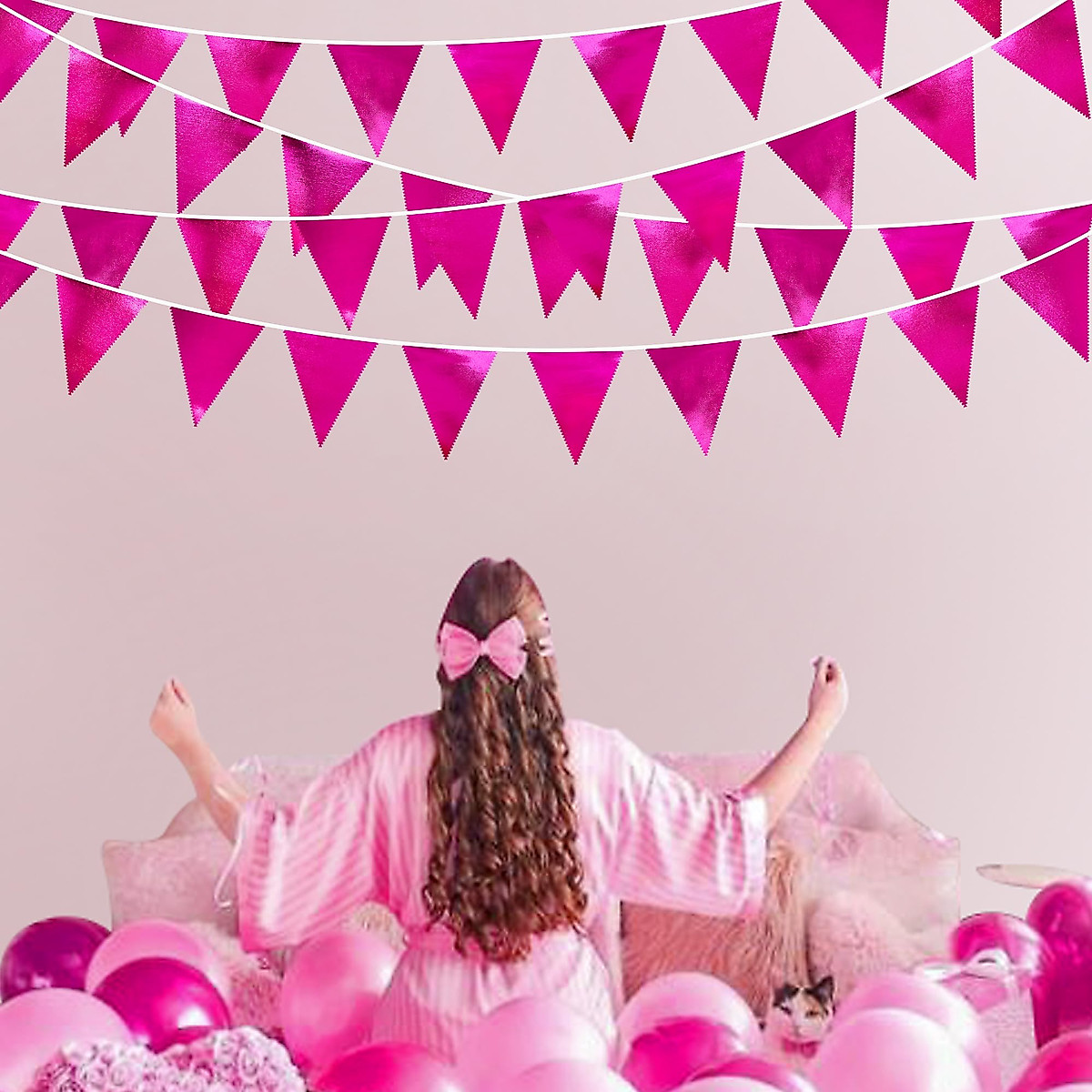 Hot Pink Party Decorations Triangle Pennant Banner Flag Rose Pink Metallic Fabric Bunting Garland for Birthday Bachelorette Wedding Bridal Shower Anniversary Flamingo Barbie Theme Party Supplies