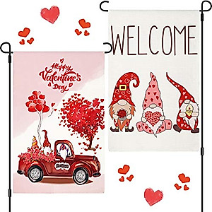 Tatuo 2 Pieces Valentine's Day Garden Flag 12 x 18 Inch Valentine Gnome Welcome Flag for Outside Yard Anniversary Wedding Farmhouse Decoration