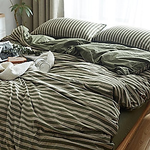 HC 100% Cotton 4pcs Queen Size Army Green Striped Duvet Cover Set Soft Fabric Jersey Knit Bedding (Queen)