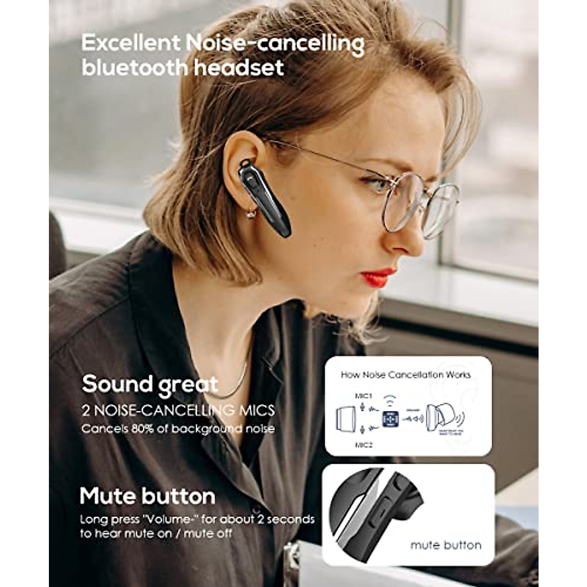 ZOUKAI Bluetooth Headset, Noise Cancelling with 2 Microphones, 30 Hours Talk Time, Announce Caller ID, Hands Free Bluetooth Wireless Earpiece for Cell Phones/Laptop/PC