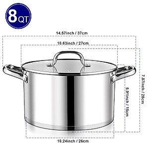 LIANYU 8 QT Stock Pot, Stainless Steel Heavy duty Cookware Pot, Large Cooking Pot for Pasta Soup Noodles, Compatible with Ceramic Gas Induction Cooktop, Dual Handles & Glass Lid, Dishwasher Safe