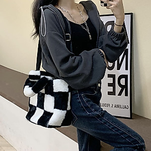 HSINYA Fluffy Tote Bag Aesthetic for Women with Yin Yang Prints Plush Women Shoulder Bag with Shoulder Straps Messenger Bag for Ladies Hobo Bag for Winter Underarm Purse (Style 1)