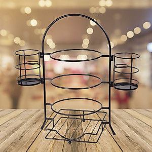 Creative Home 3-Tier Plate Rack Napkin Holder Buffet Caddy Storage Organizer with Removable Flatware Utensil Holder, Black