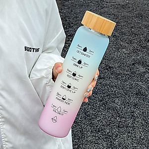 HOLABEAR Glass Motivational Daily Water Intake Bottle with Time Marker 32oz, Reusable, with Leakproof Bamboo Lid and Shoulder Sleeve, for Hot and Cold Drinks, BPA Free(Blue)