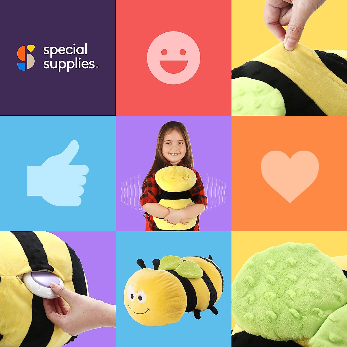 Special Supplies Bumble Bee Sensory Vibrating Pillow, Pressure Activated for Kids and Adults, Plush Minky Soft with Textured Therapy Stimulation Bumps. Size: 11 by 20 inches