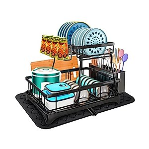 BaverlyBlue Dish Drying Rack with Drainboard, 2 Tier Dish Rack Easy to Install Dish Drying Rack for Kitchen Counter with Cutting Board Rack Silicone Mat (24 * 16inch)-Dish Rack (Black)