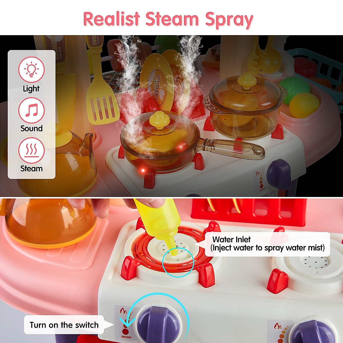 2 in 1 Kids Kitchen Playset & BBQ Grill Set, Toddler Play Kitchen with Realistic Light Sound Steam & Play Sink